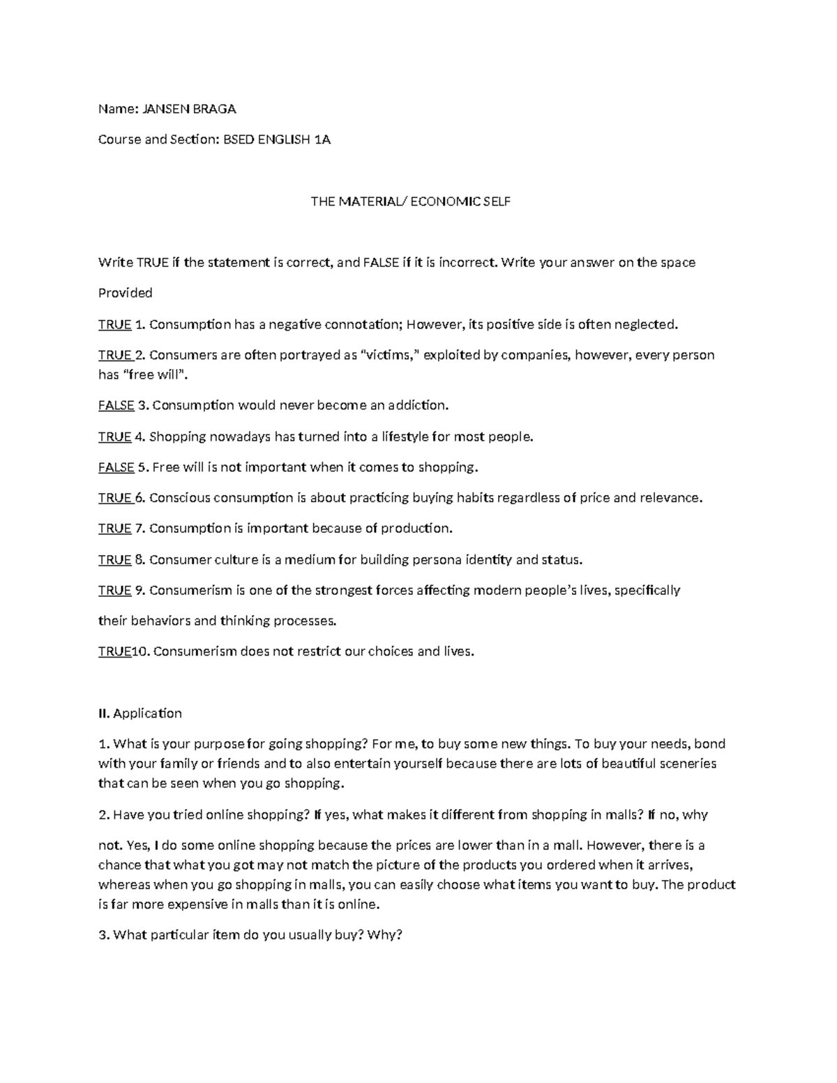 BSED ENGLISH 1A: The Economic Self - Consumption Activity Answers - Studocu