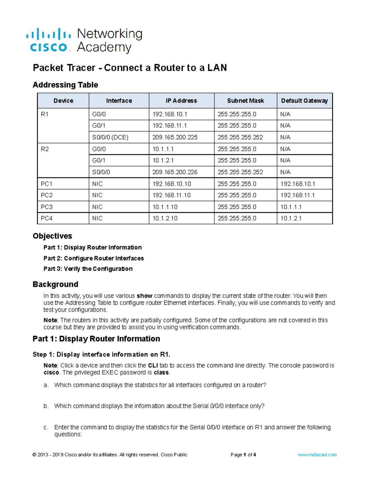 4Packet Tracer - Connect a Router to a LAN - Addressing Table Device ...