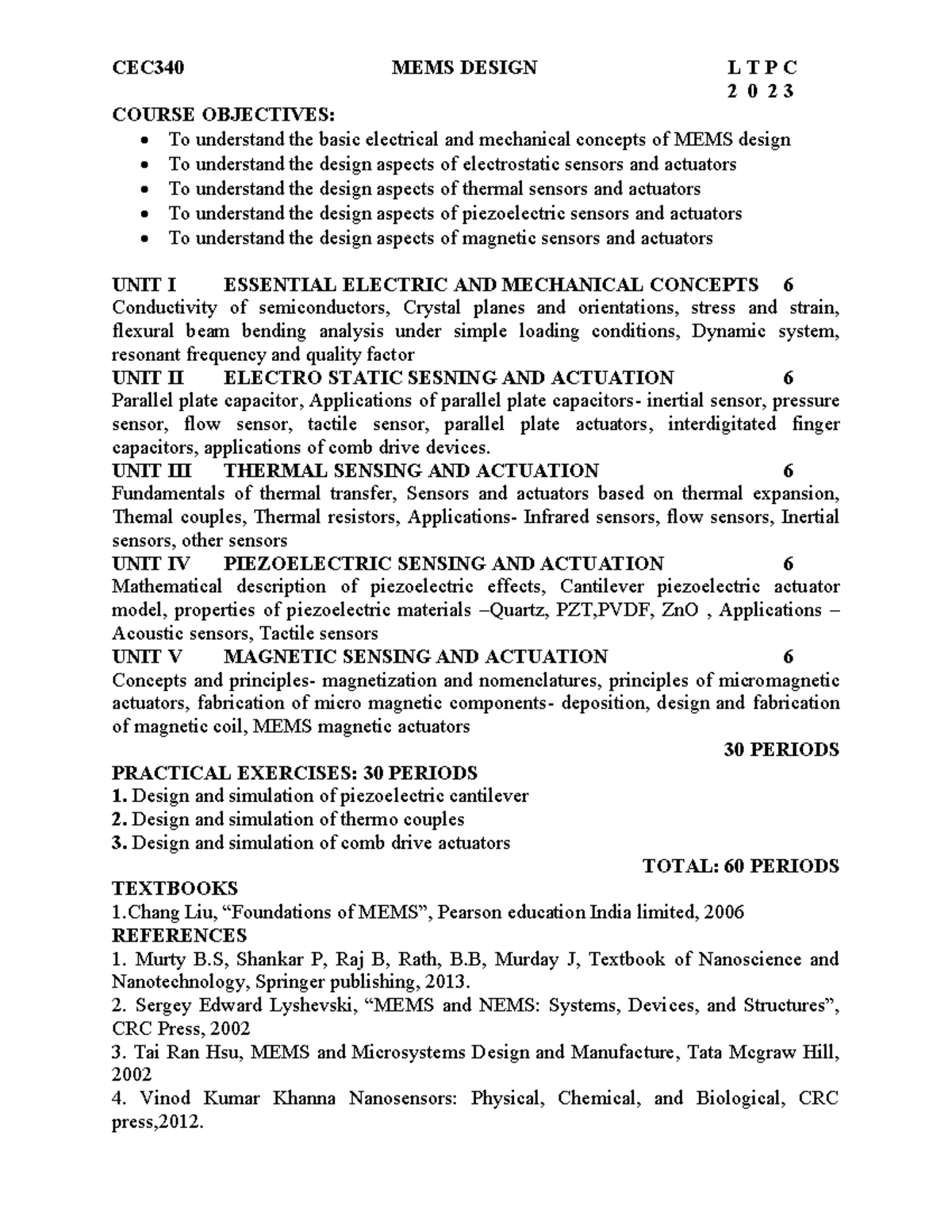CEC340 MEMS Design Syllabus: Key Concepts and Course Outline - Studocu