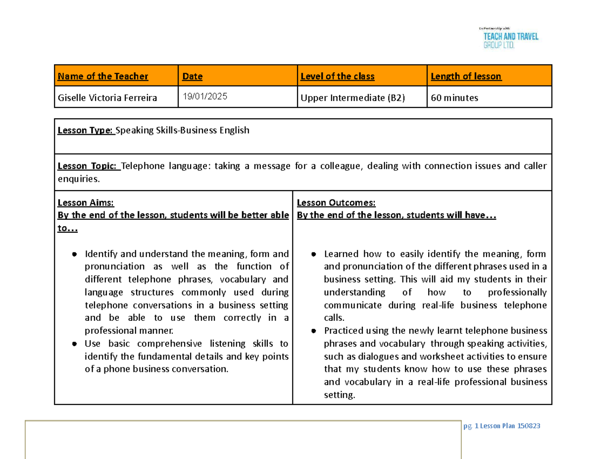 B2 Speaking Lesson Plan: Mastering Telephone Language in Business - Studocu