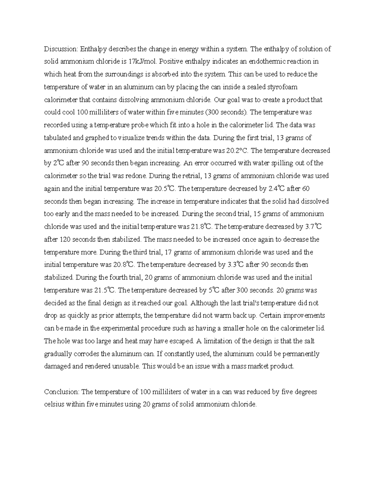 Enthalpy Lab Discussion & Conclusion (CHEM 101) - Final Report - Studocu