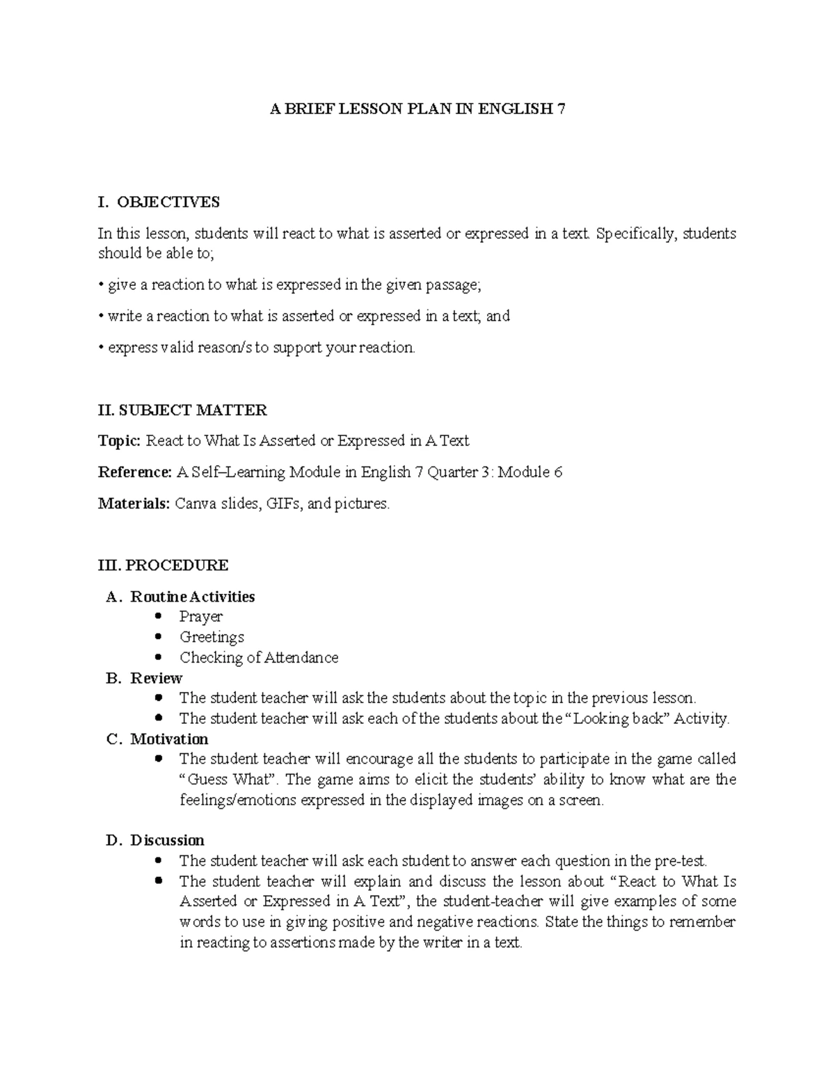 HGP - Homeroom guidance - DAILY LESSON PLAN School: Grade Level: II ...