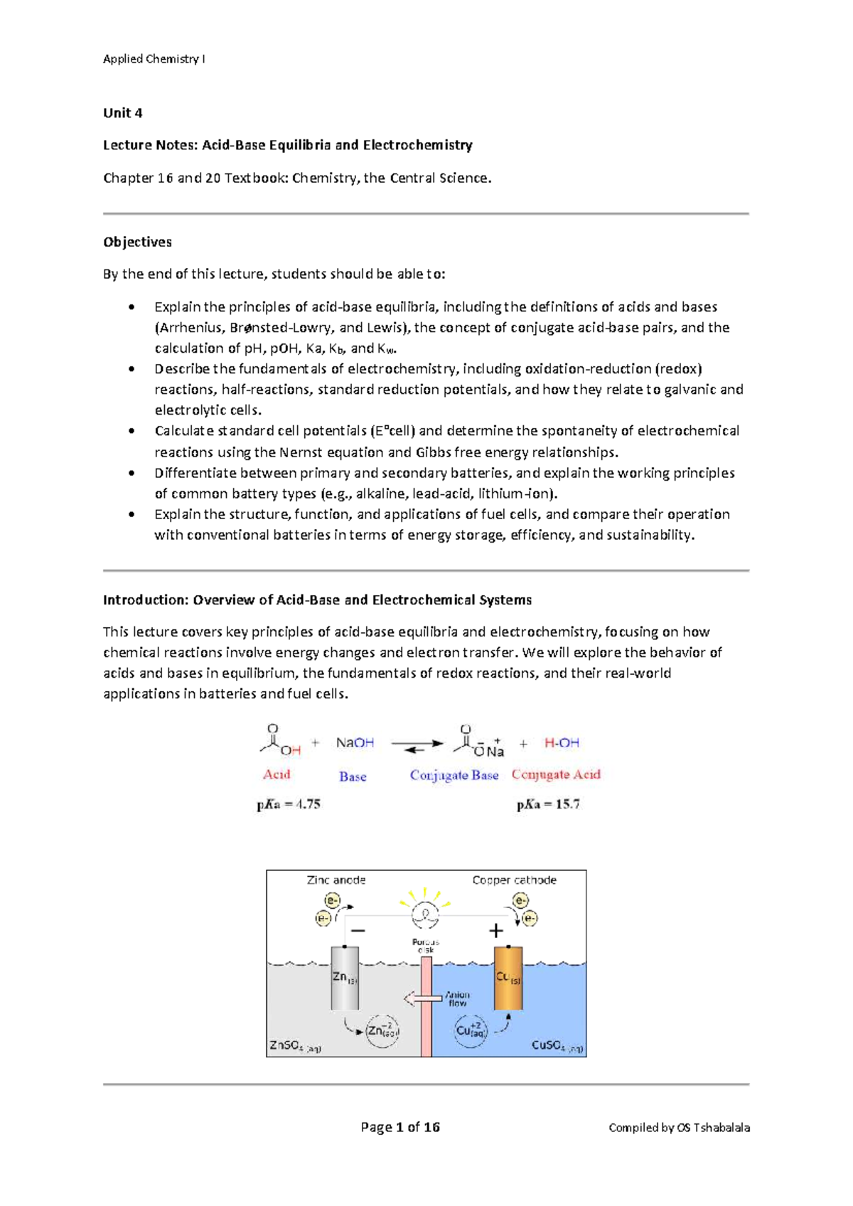 Applied Chemistry I Unit 4 Lecture Notes: Equilibria & Electrochemistry ...