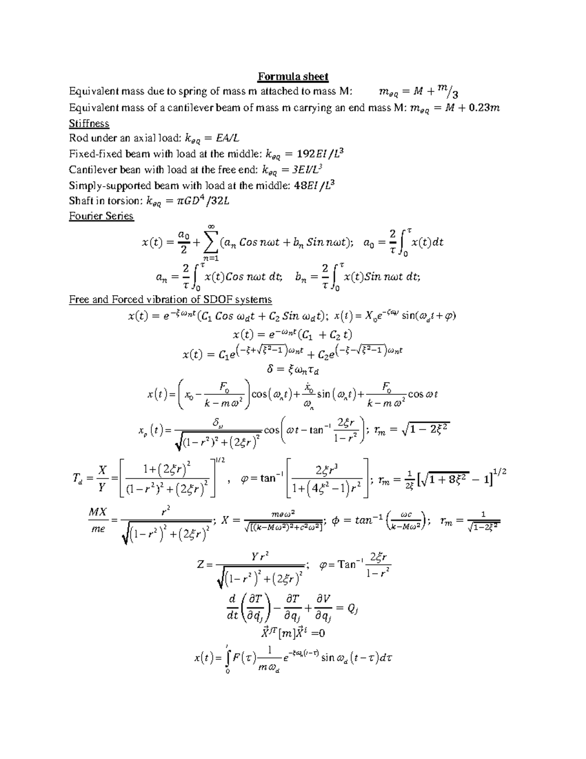 Formula Sheet: Equivalent Mass & Vibration Analysis (ENG 101) - Studocu