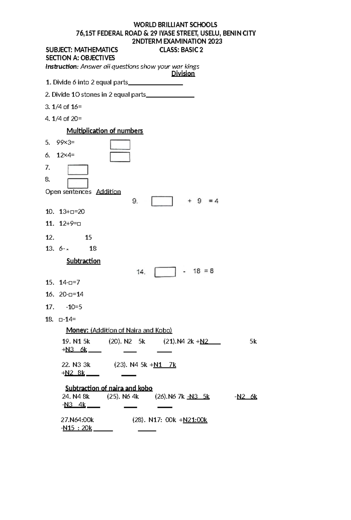 BASIC 2 2ND TERM EXAMINATION 2023 MATHEMATICS OBJECTIVES - Studocu