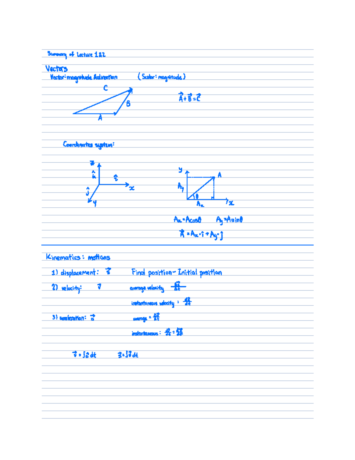 Lecture Summary: Vectors, Kinematics, and Motion (Course Code: 182 ...