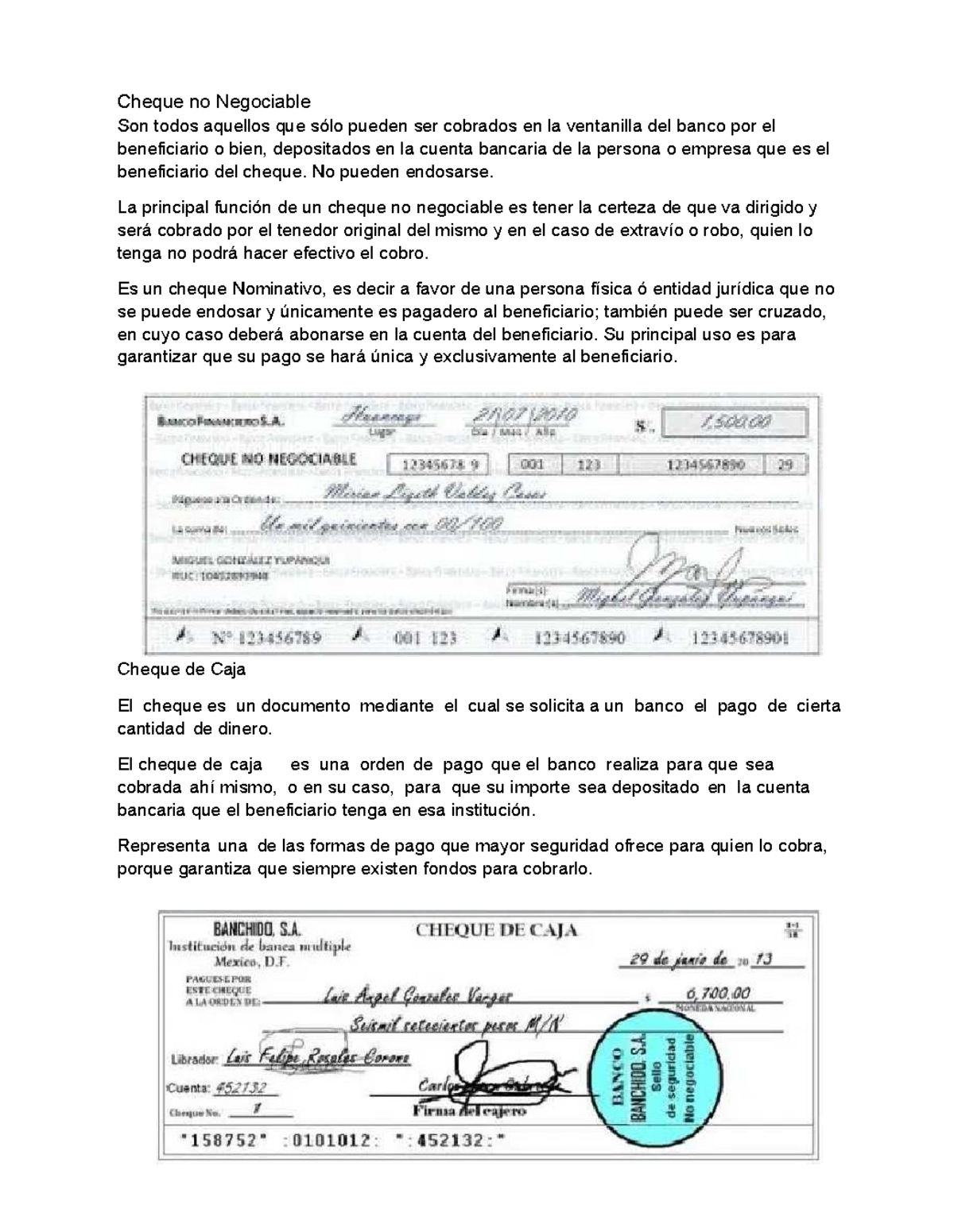 Ejemplo De Cheque Escrito Tipos De Cheques Cheque No Negociable Son