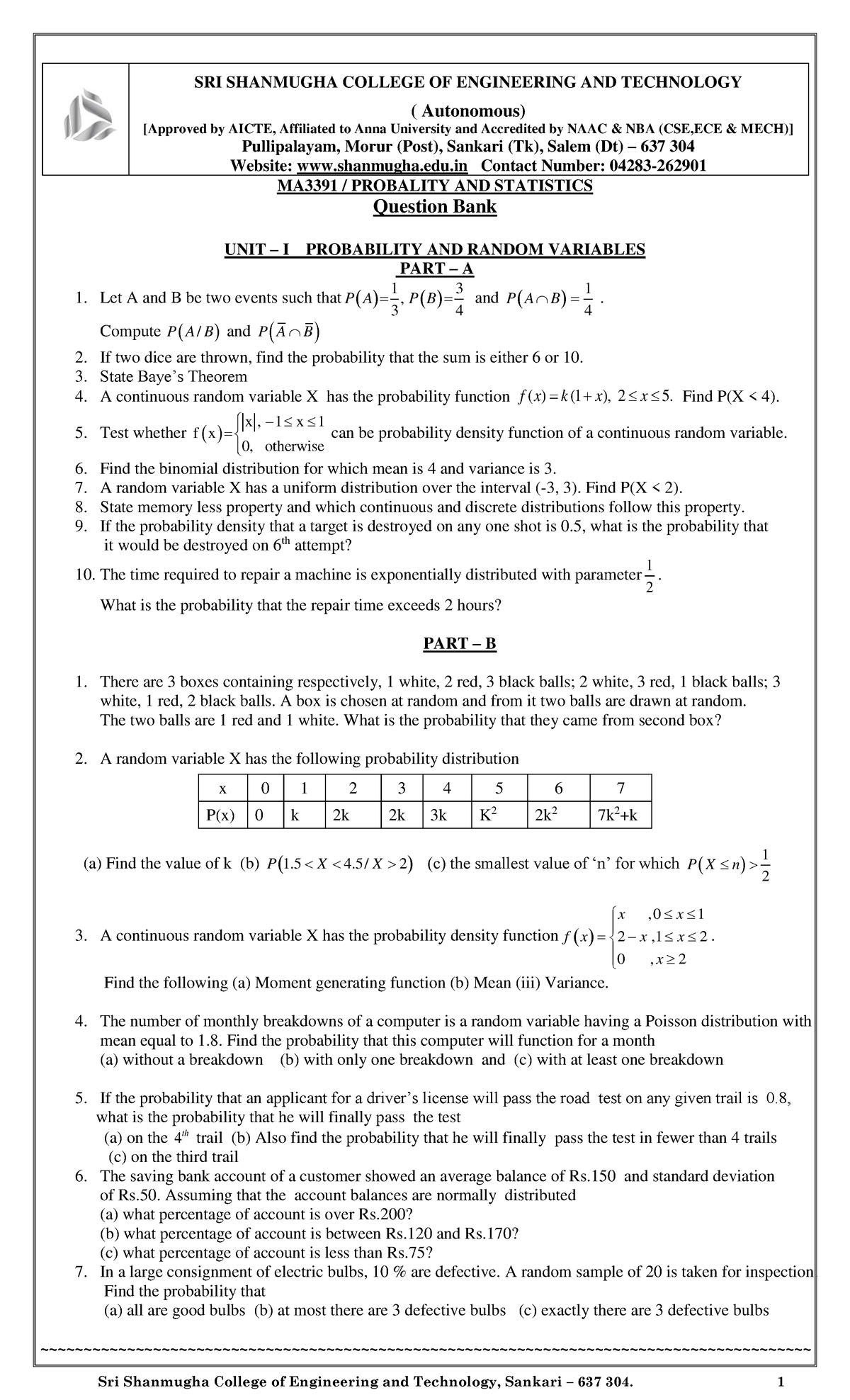 II - MA3391 Probability and Statistics Question Bank (All Units) - Studocu
