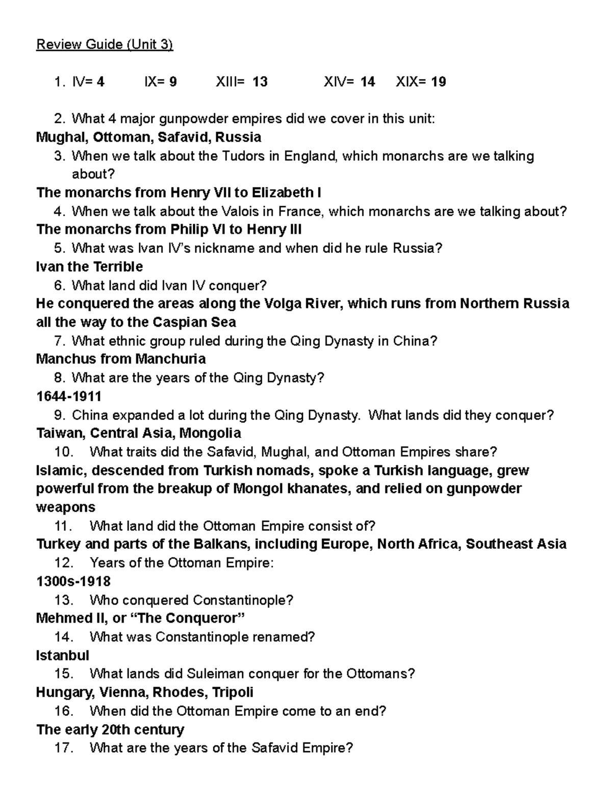 Unit 3 Review Guide: Gunpowder Empires & Monarchs - Studocu
