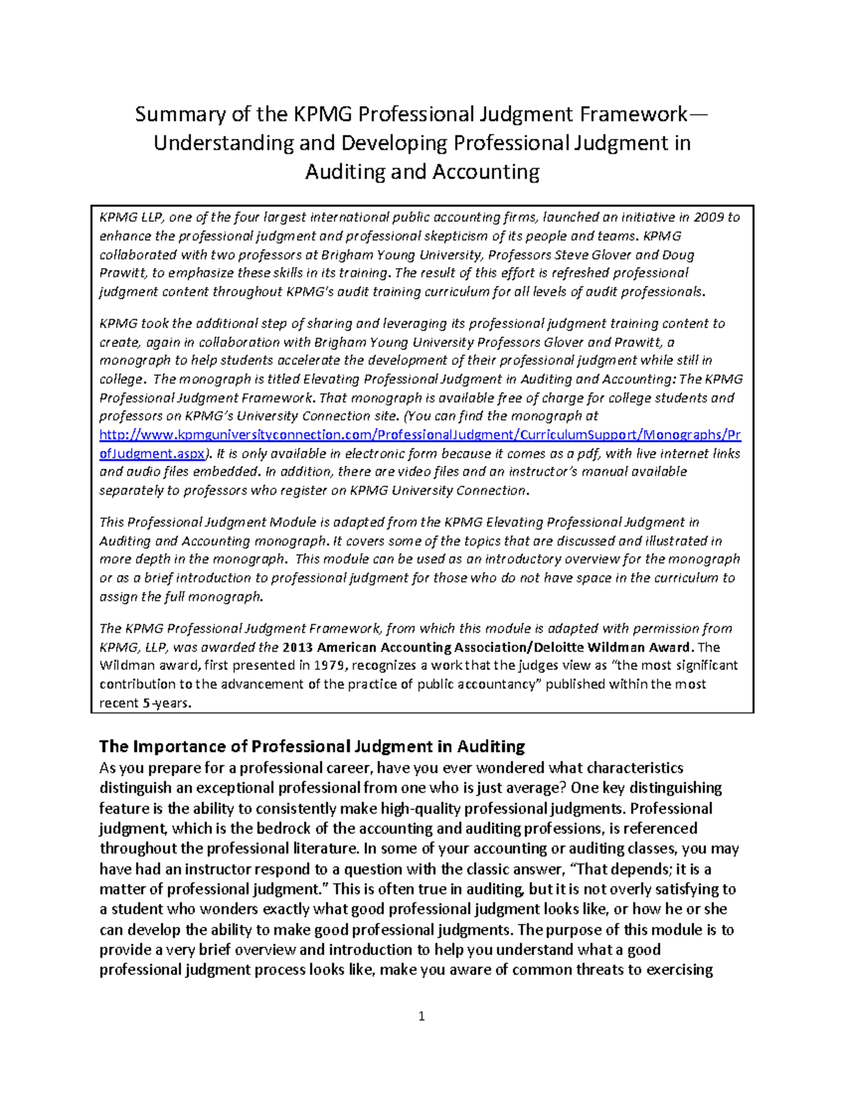 KPMG Professional Judgment Framework Overview for Auditing and ...