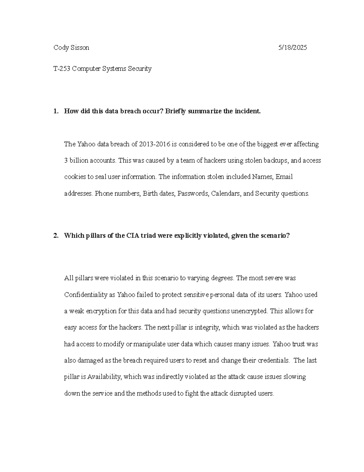 Cody Sisson CS Security 1: Yahoo Data Breach Summary & CIA Analysis ...