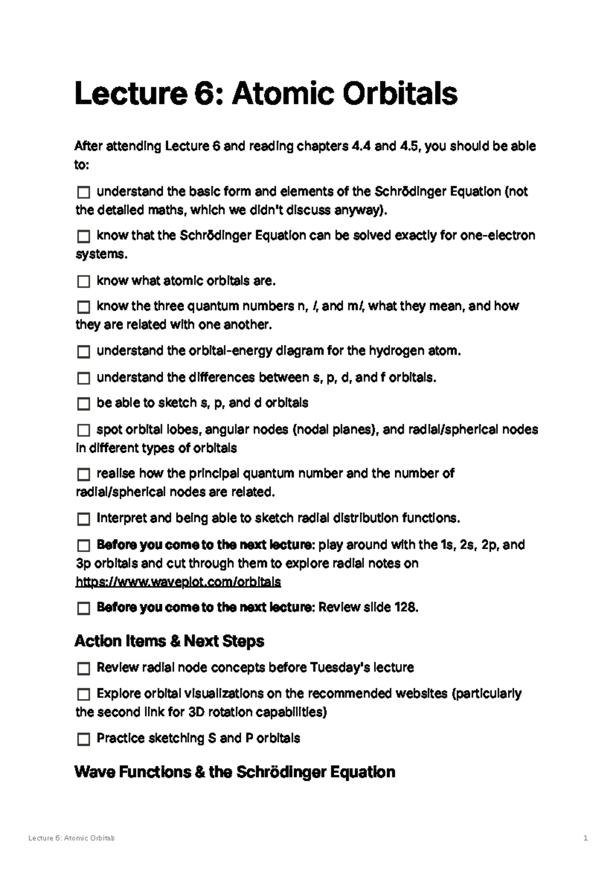 L6: Lecture Notes on Atomic Orbitals and the Schrödinger Equation - Studocu