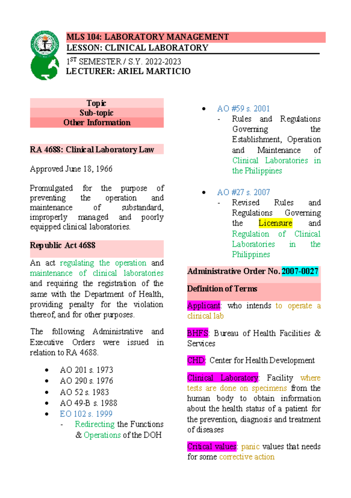 Lesson - Clinical Laboratory - Topic Sub-topic Other Information RA 4688: Clinical Laboratory ...