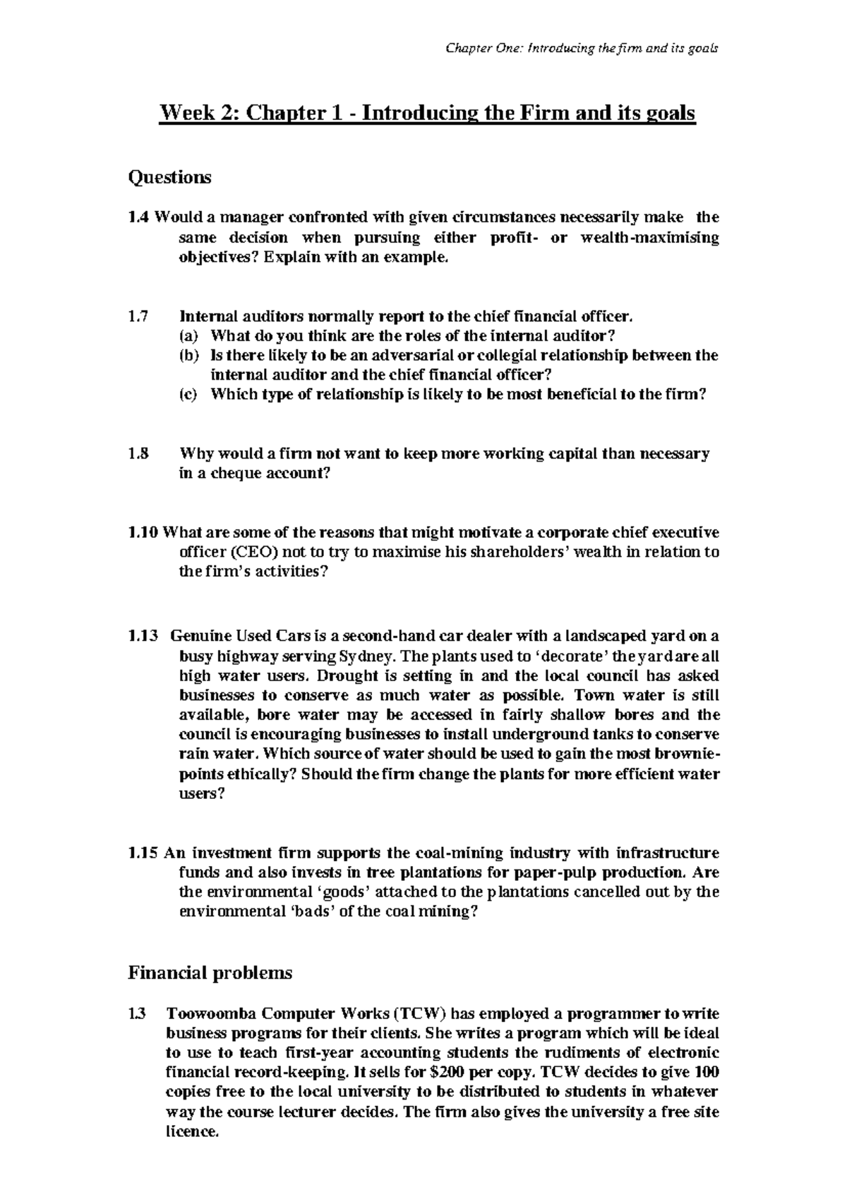 Chapter 1: Tutorial Questions on Firm Goals & Ethical Decisions - Studocu