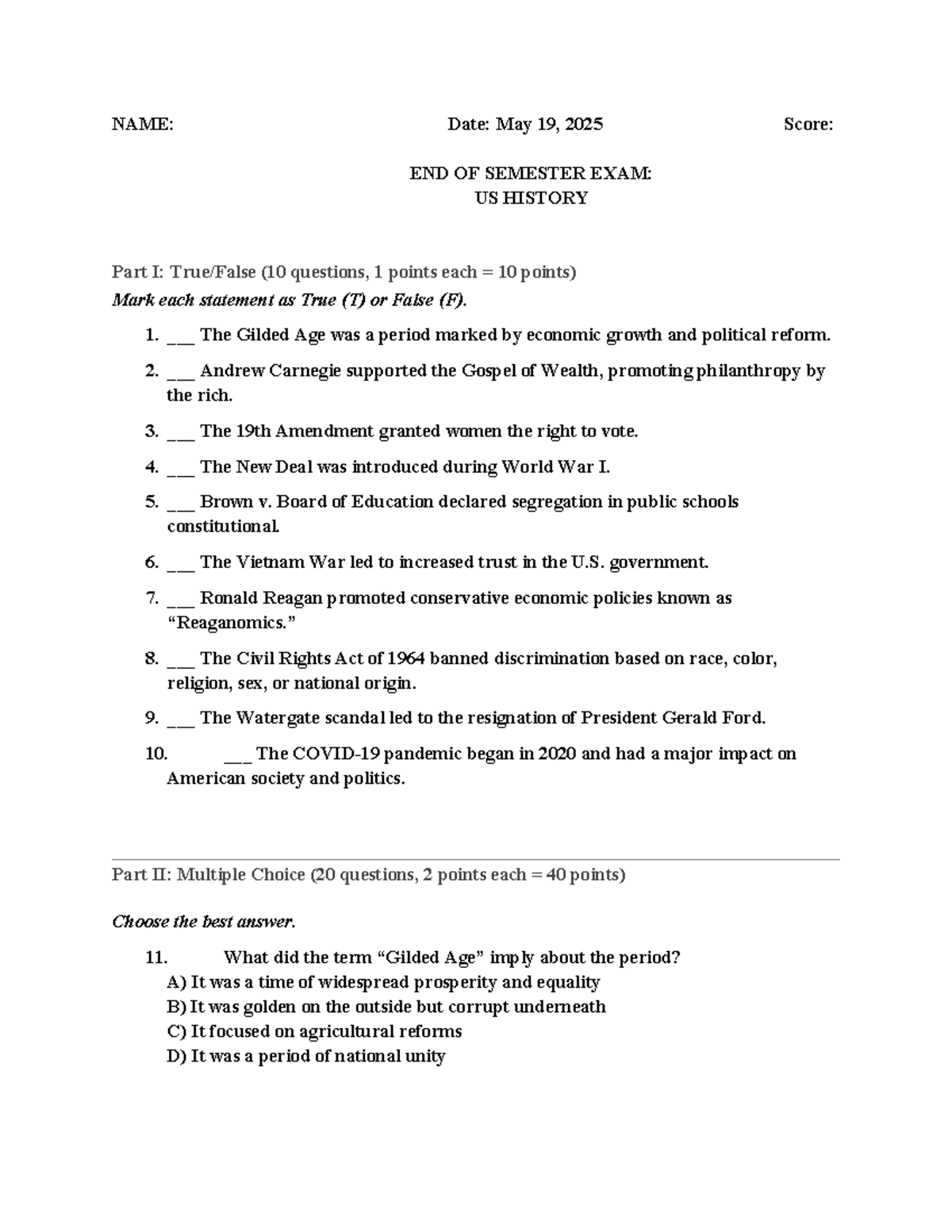 US History Final Exam Review: Format and Key Topics Covered - NAME ...