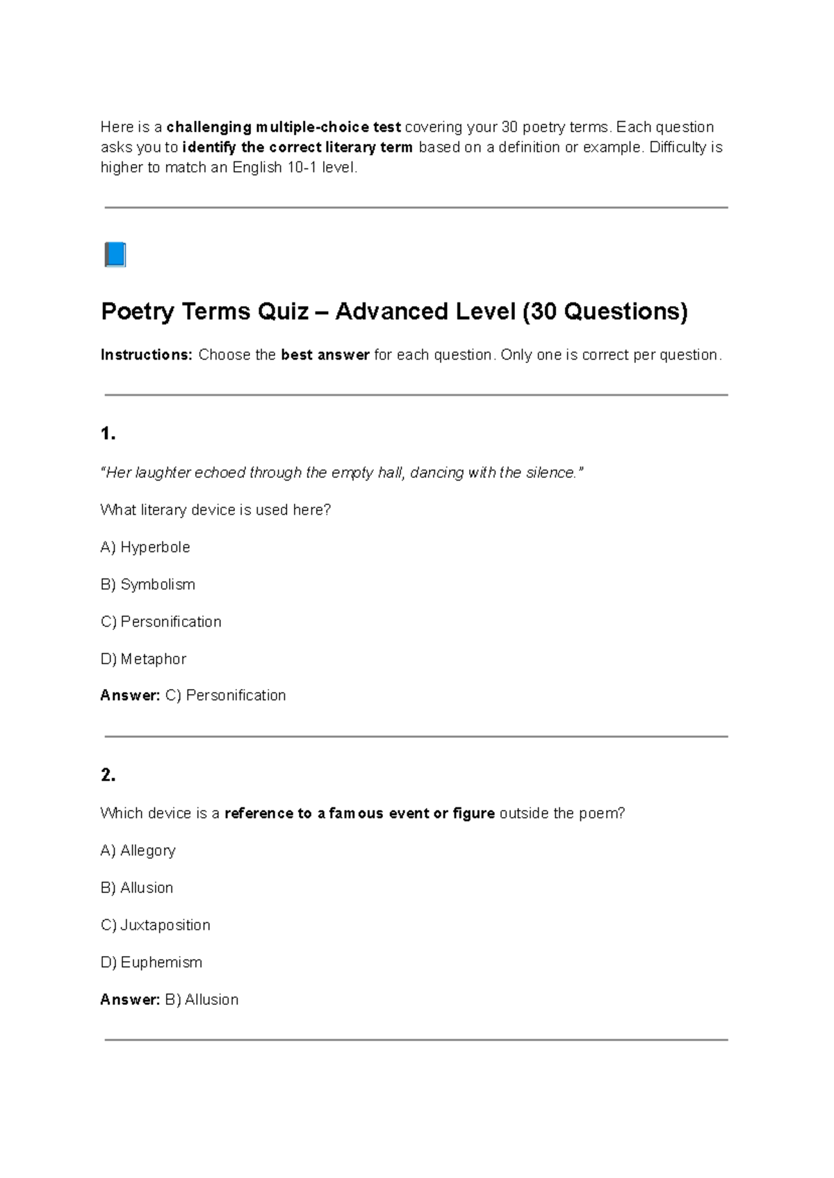 Poetry Terms Quiz (Grade 10) - Advanced Level (30 Questions) - Studocu