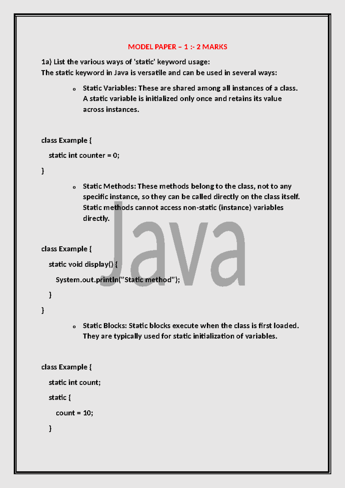 JAVA MP-1 and 2 Answers - java - MODEL PAPER – 1 :- 2 MARKS 1a) List the various ways of 'static ...