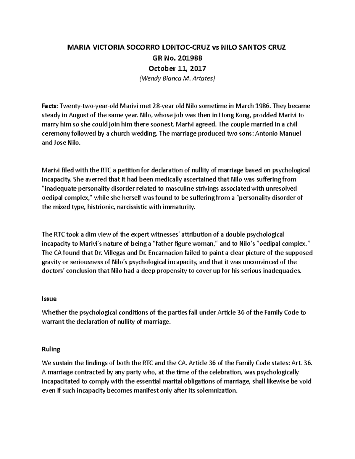 Maria Lontoc-Cruz v. Nilo Santos: Psychological Incapacity Case (GR No ...