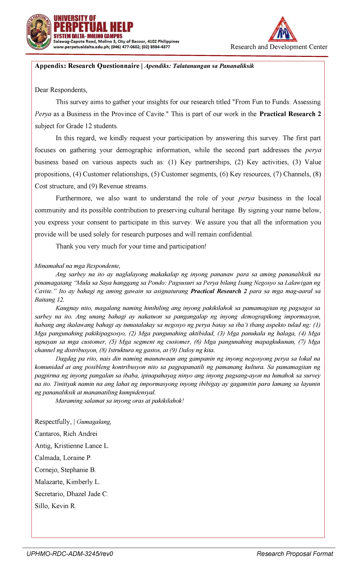 Research Questionnaire for ABM 12: Fun to Funds - Perya Business ...