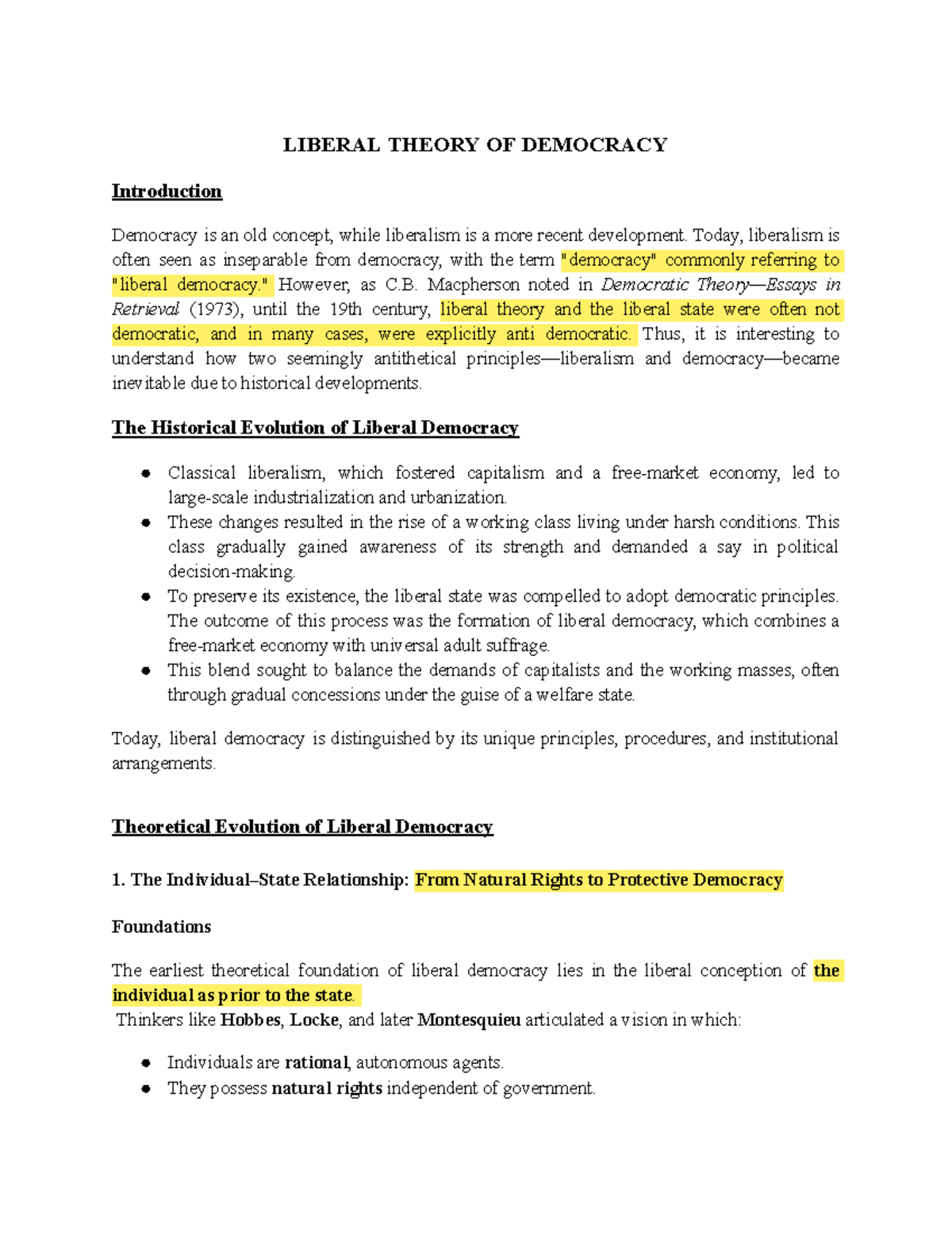 Liberal Theory of Democracy: Historical Evolution & Critiques - Studocu