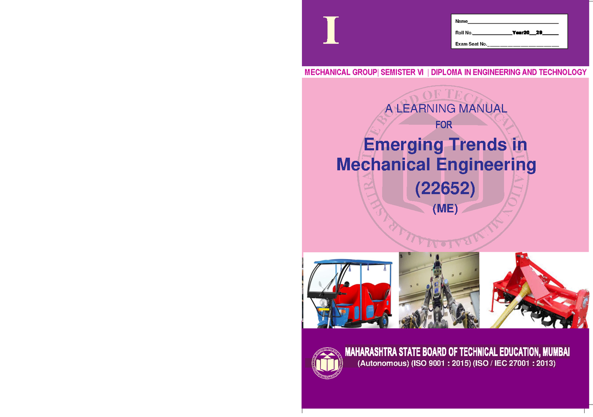 Emerging Trends in Mechanical Engineering (22652) - Semester VI Learning Manual - Studocu