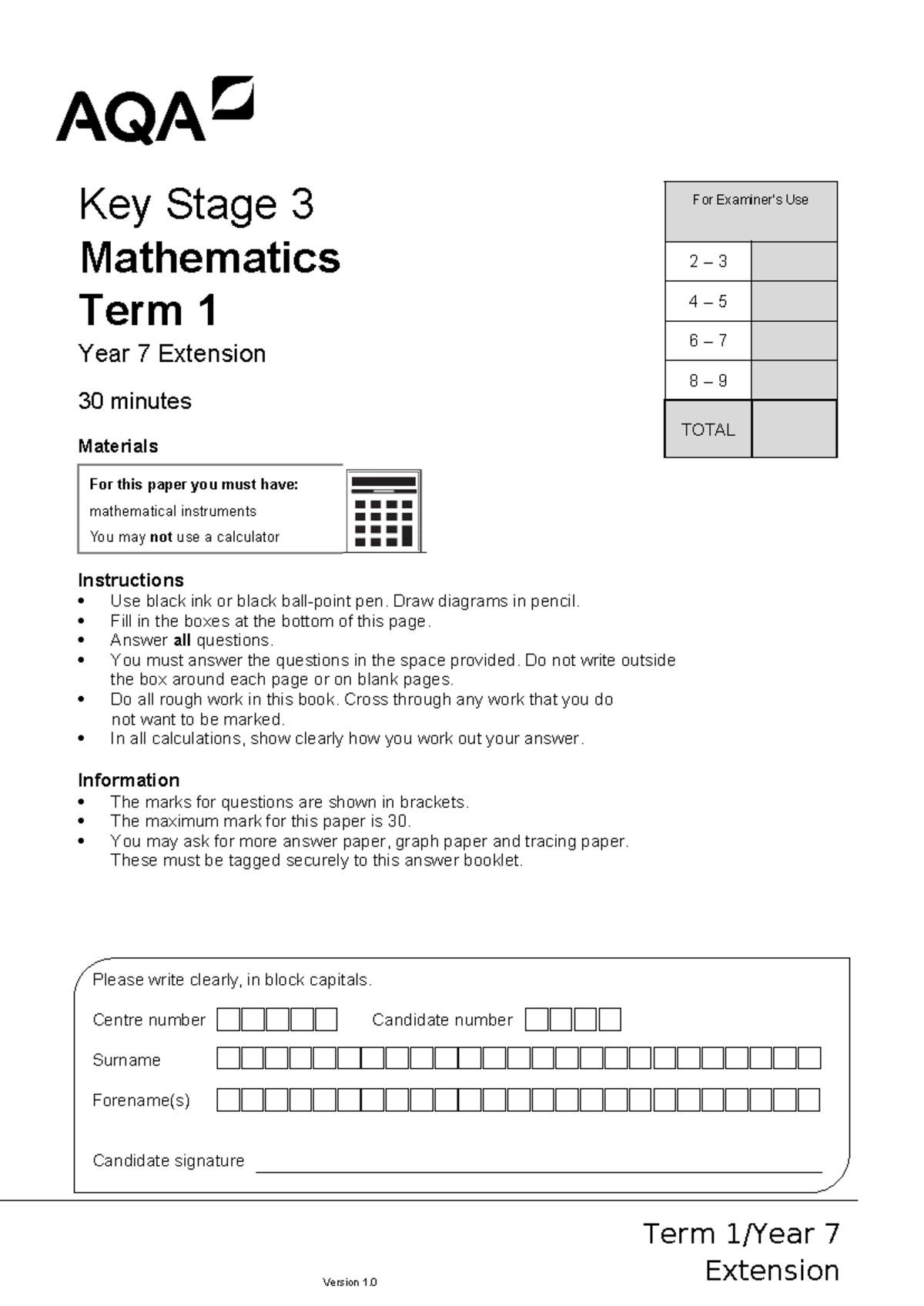 TERM 1 Year 7 Extension Question Paper - Key Stage 3 Mathematics Term 1 ...