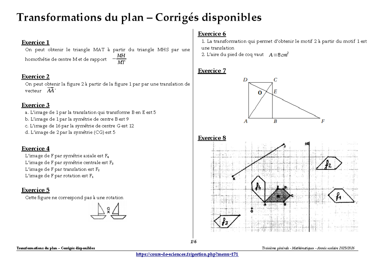 Transformations du Plan - Corrigés Mathématiques 3ème Générale - Studocu