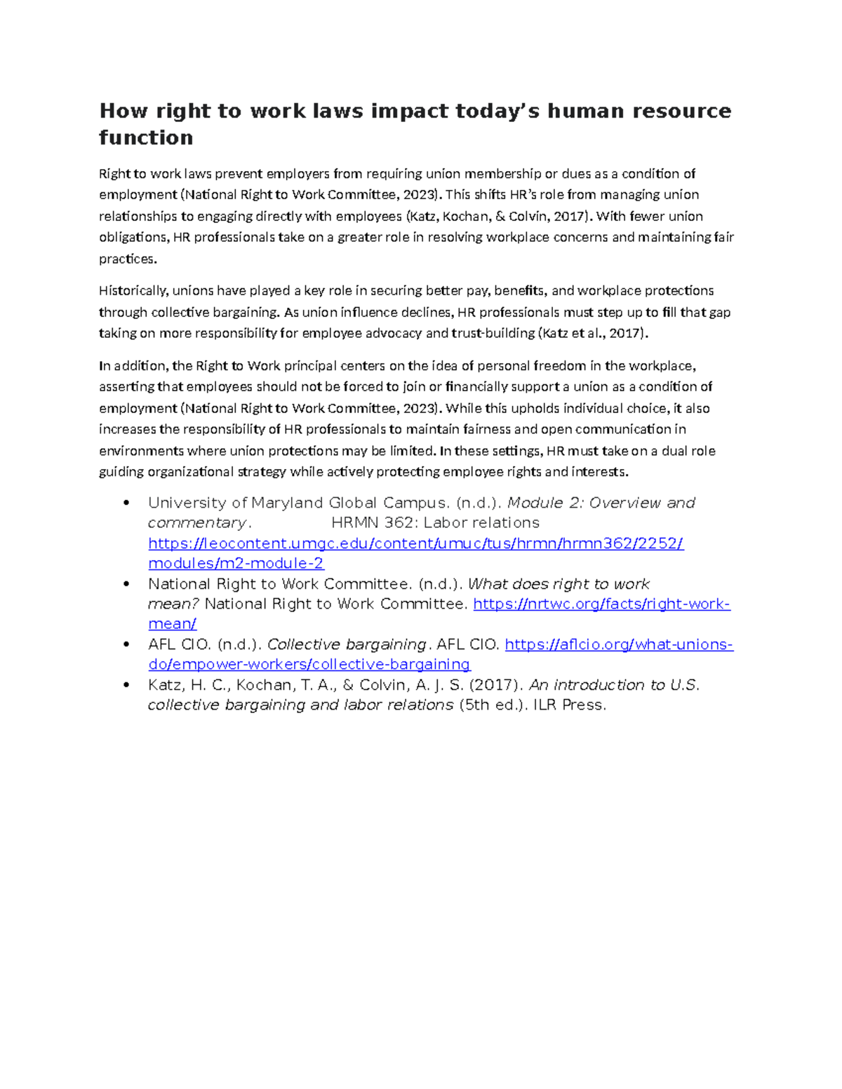 HRMN 362: Impact of Right to Work Laws on HR Functions - Studocu