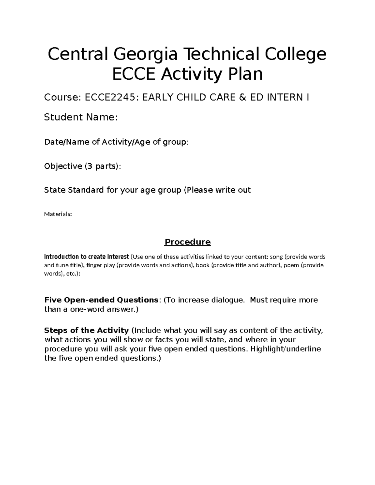 Activity plan - ECCE 2245 - Central Georgia Technical College ECCE ...