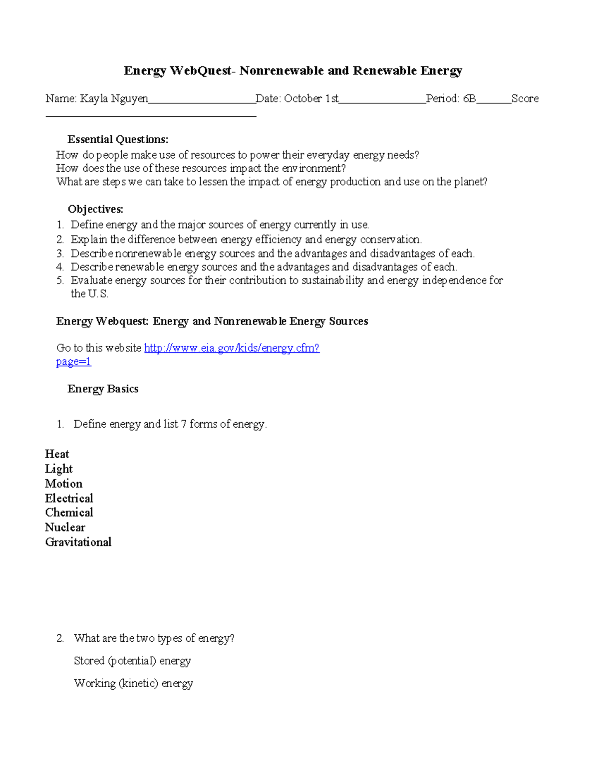 Copy of Energy Webquest - Energy WebQuest- Nonrenewable and Renewable ...