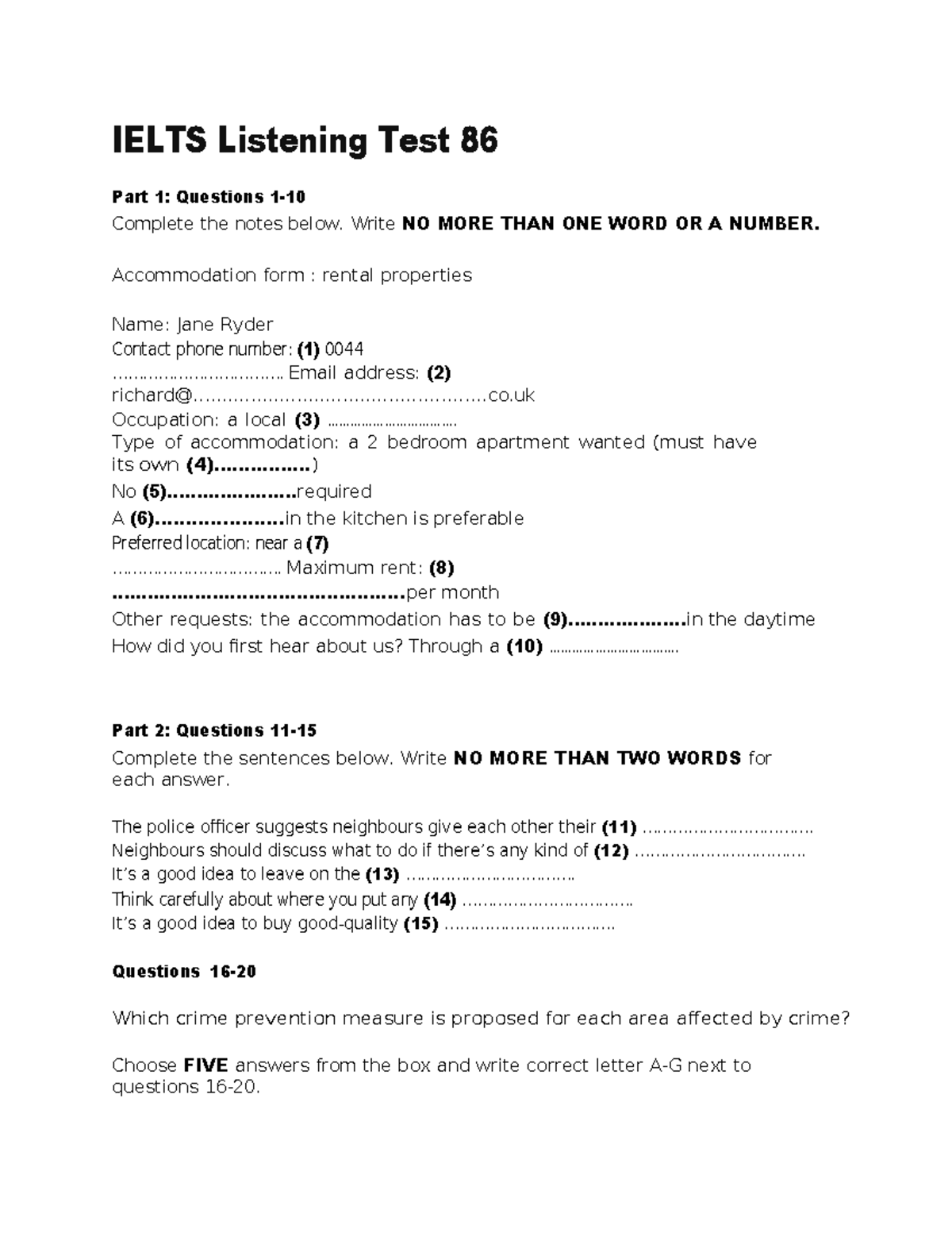 IELTS Listening Test 86: Complete Notes and Questions Guide - Studocu