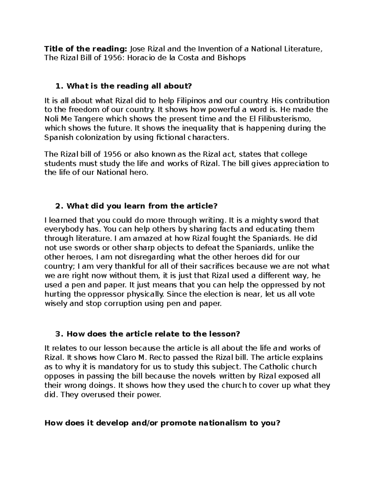 01 Worksheet 1 - Title of the reading: Jose Rizal and the Invention of ...