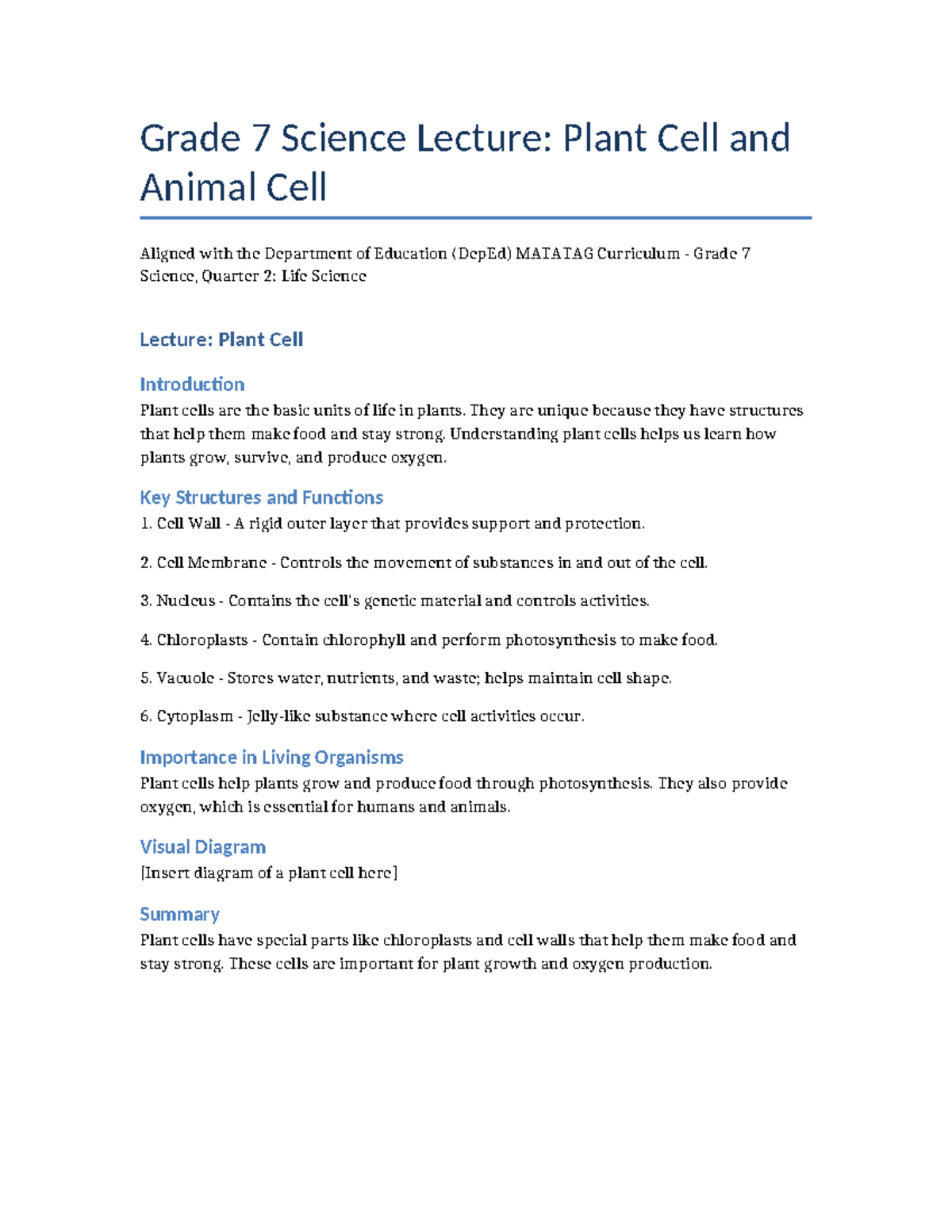 Grade 7 Science Lecture: Plant Cell Overview & Functions - Studocu