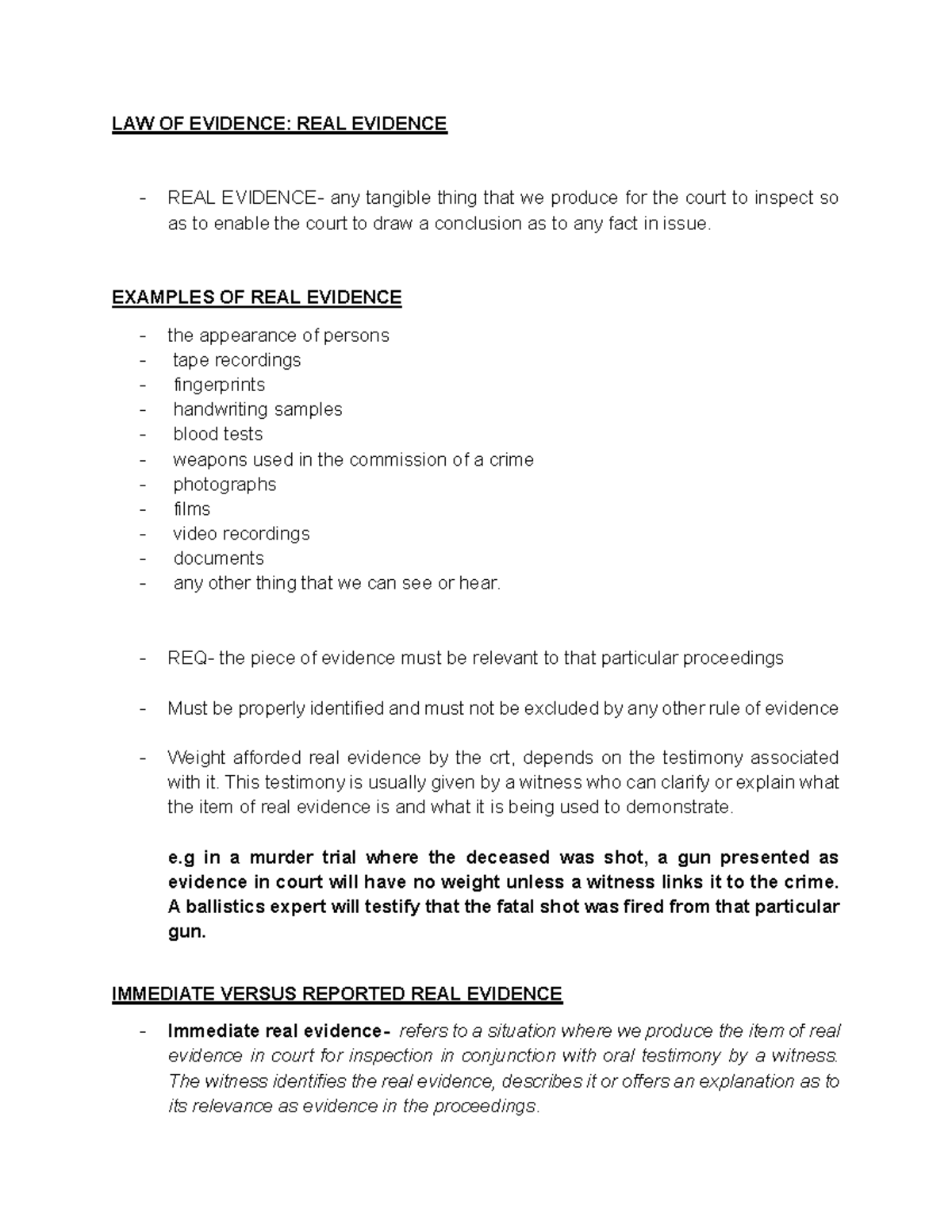 LAW OF EVIDENCE: Understanding REAL Evidence and Its Applications - Studocu