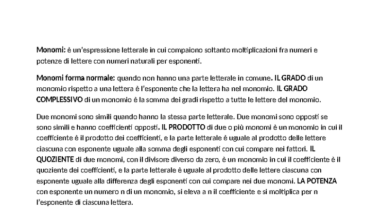 Matematica: Definizioni di Monomi e Polinomi - Studocu