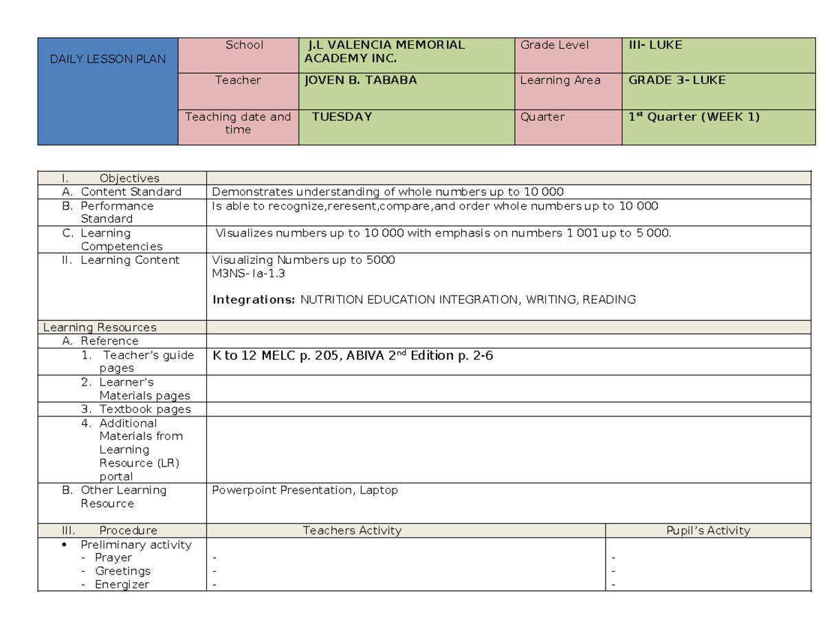 Grade 3 LP Tuesday - week 1 - DAILY LESSON PLAN School J VALENCIA ...