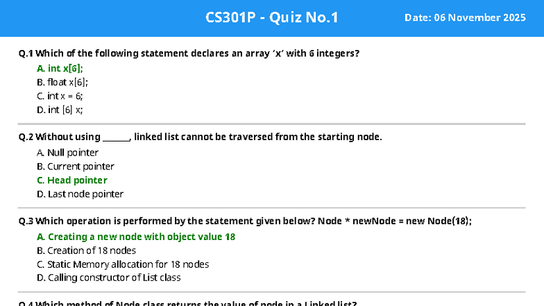 CS301P Quiz No.1 - Array and Linked List Concepts - Studocu