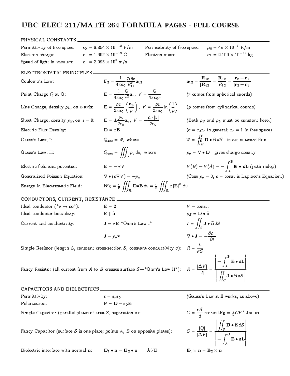 ELEC 211/MATH 264 Complete Formula Page for Full Course - Studocu