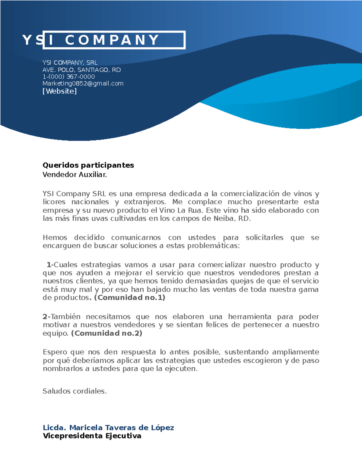 Trabajo final VA enero 2025 - YSI COMPANY, SRL AVE. POLO, SANTIAGO, RD ...