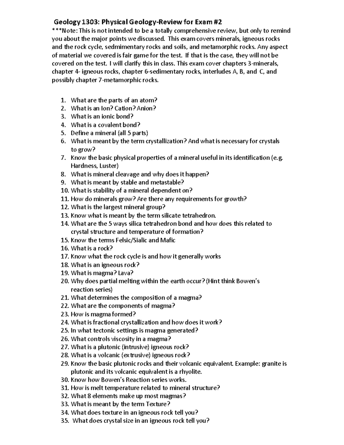 Geology 1303: Physical Geology Review Guide for Exam #2 - Studocu