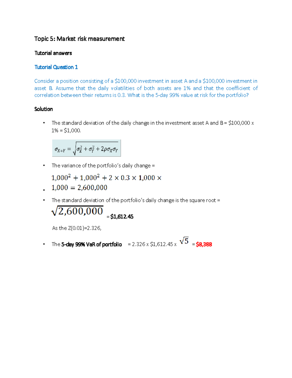 Topic 5: Market Risk Measurement Tutorial Answers & VaR Calculations ...