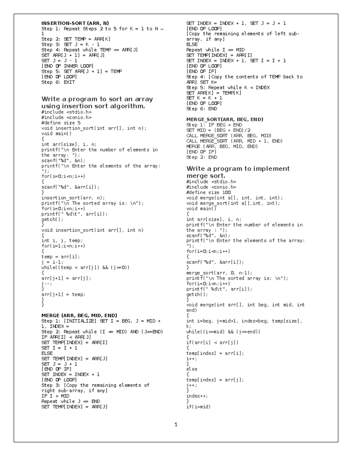 Sorting Algorithms in C Programming: Insertion, Merge, Quick, and ...