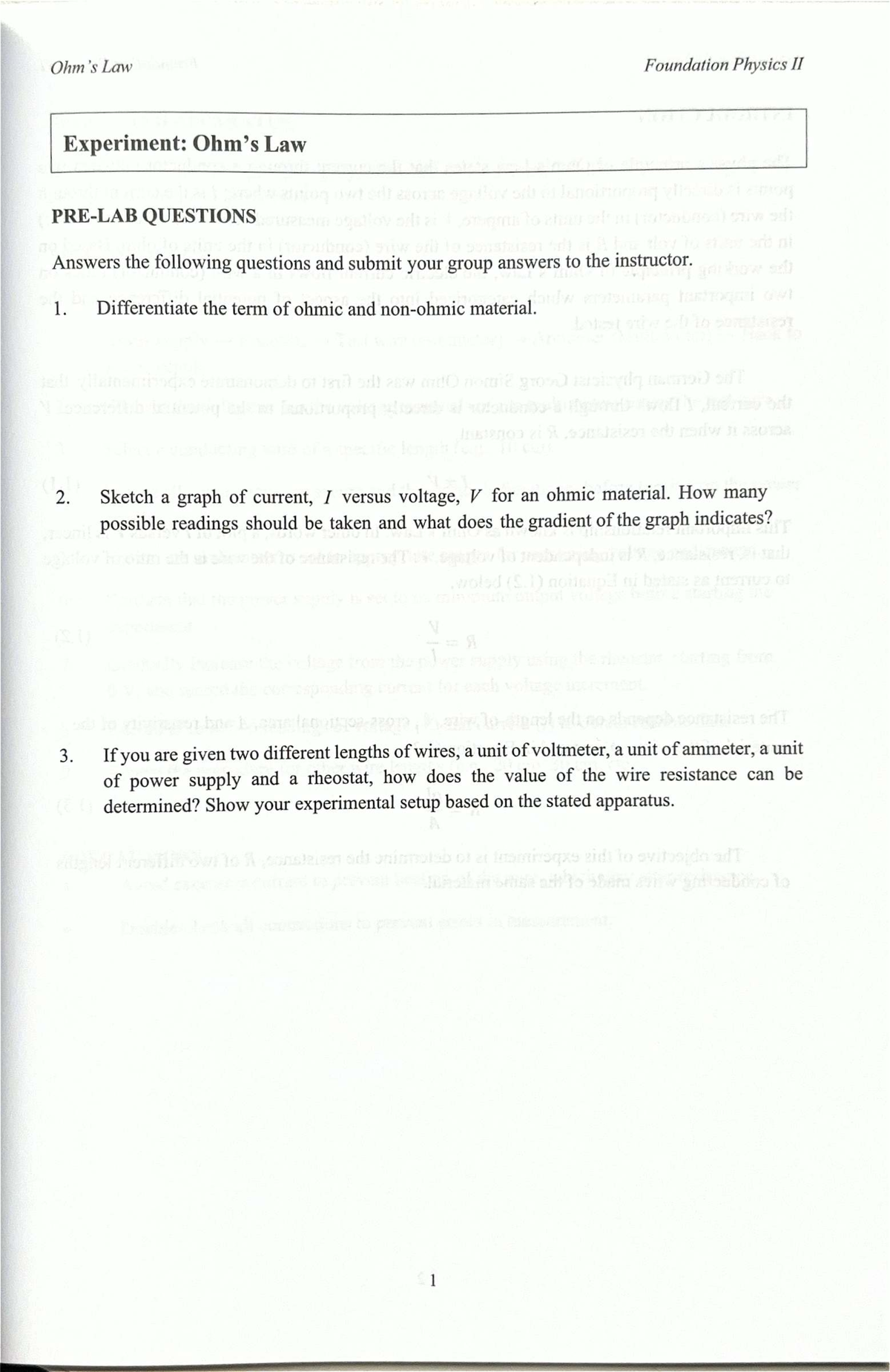 Ohm's Law Experiment Lab Manual: Law Foundation Physics II - Studocu