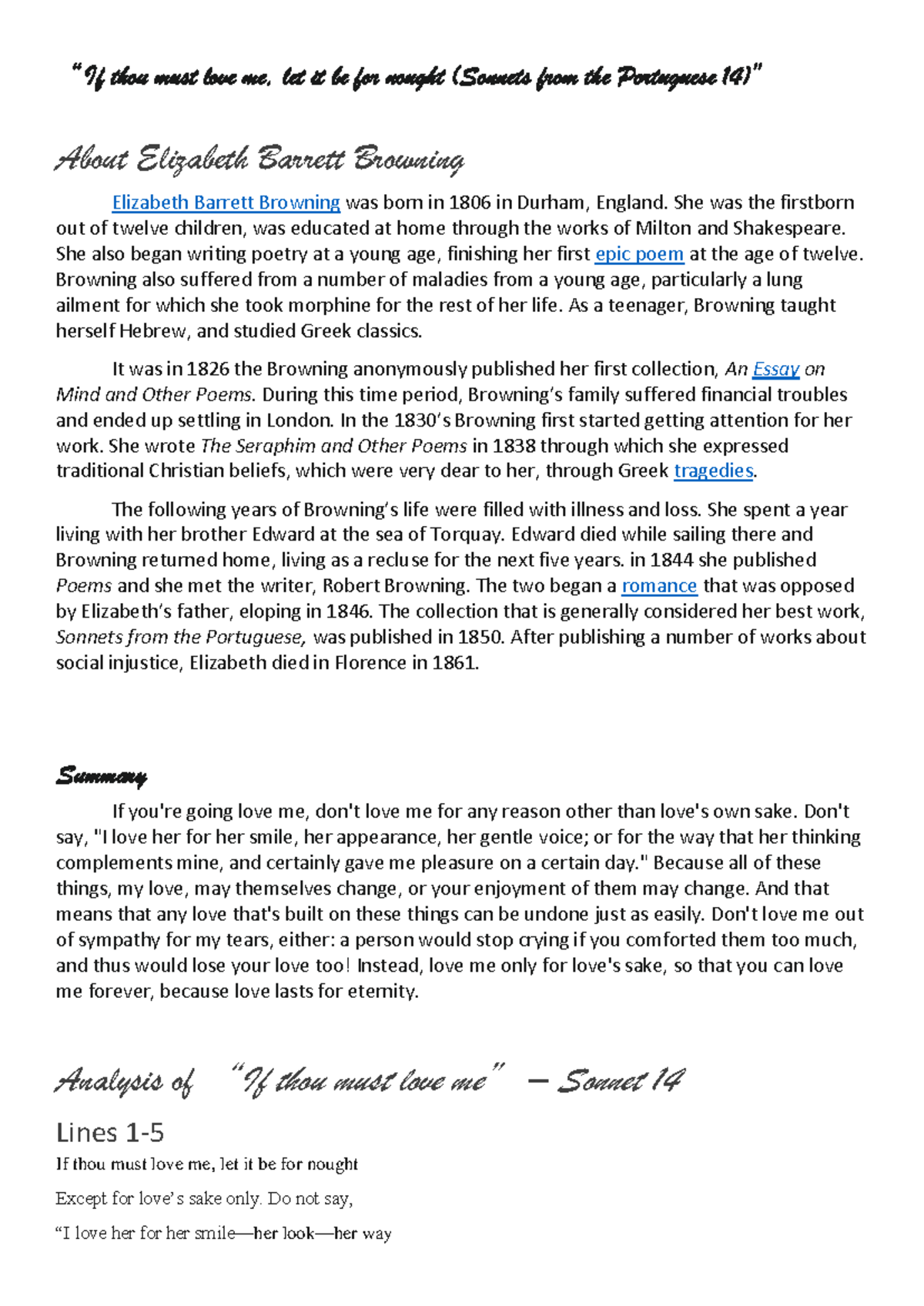 THE Lotos Eaters Analysis - “If thou must love me, let it be for nought ...