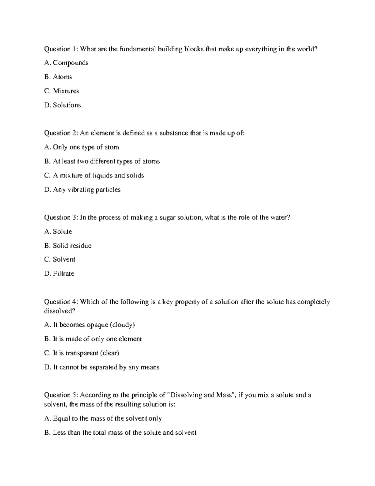 Biology Review Questions: Cells, Solutions, and Matter Concepts - Studocu