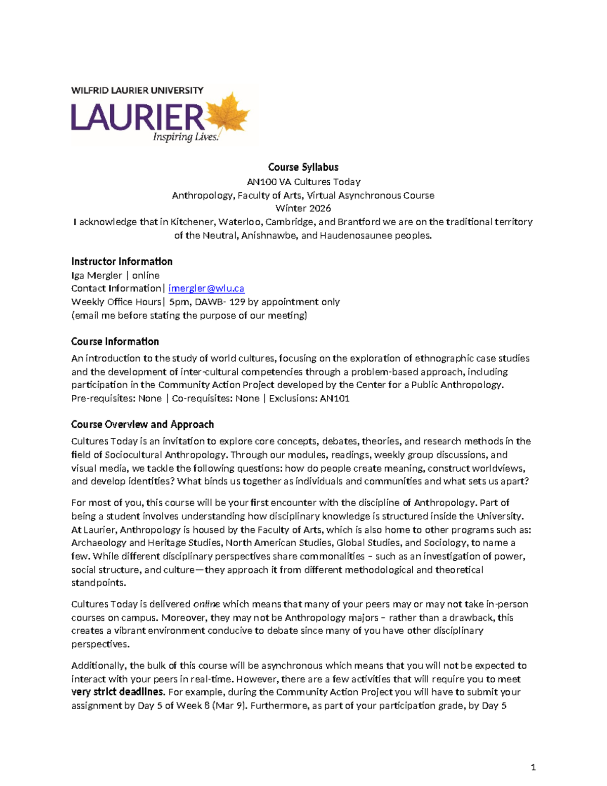 AN100 VA Cultures Today: Syllabus for Winter 2026 Course - Studocu