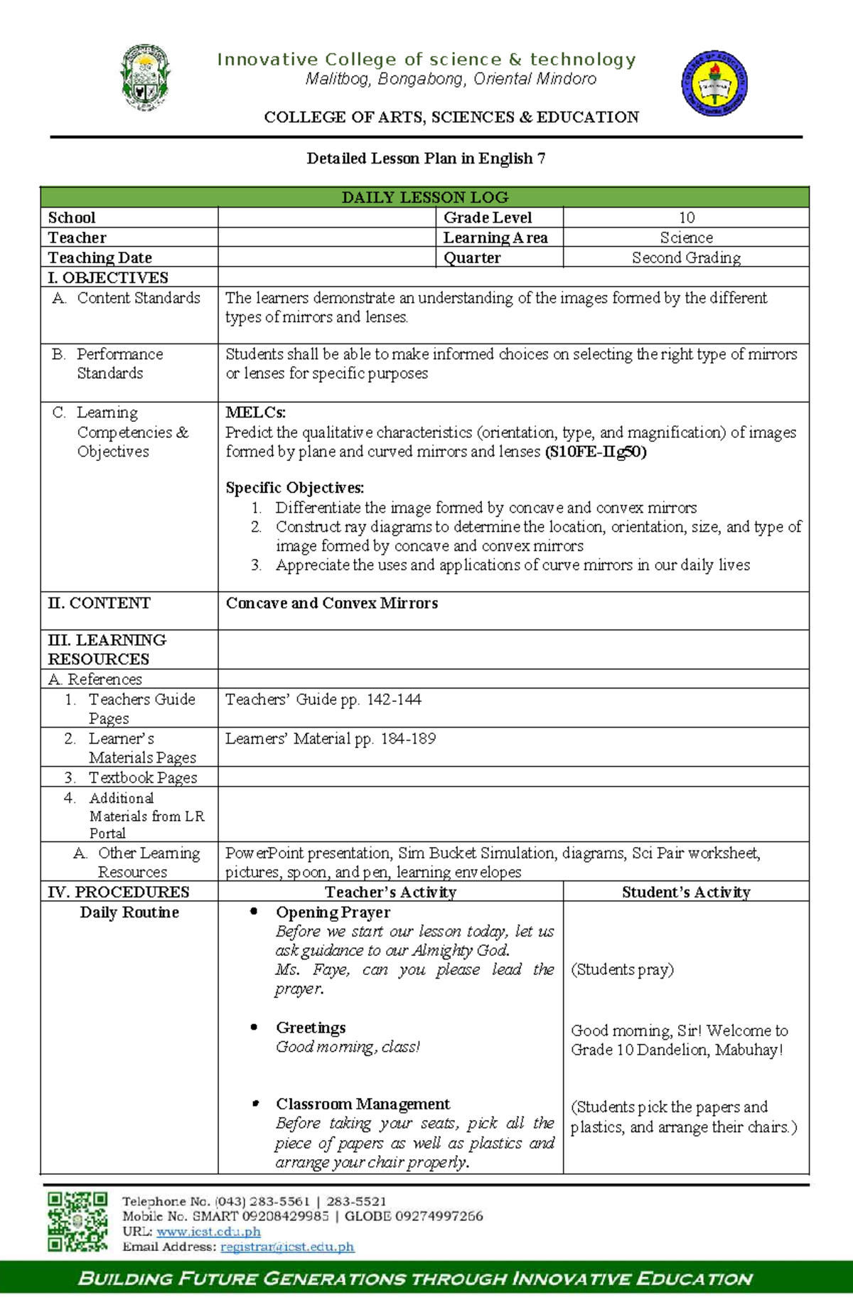 Detailed Lesson Plan in English 7 (Grade 10) - 7E's Format - Studocu