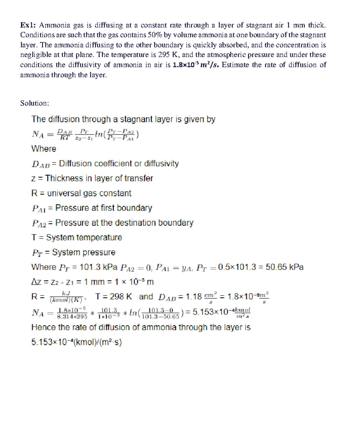 Diffusion Analysis of Gases in Stagnant Layers (Example Problems) - Studocu