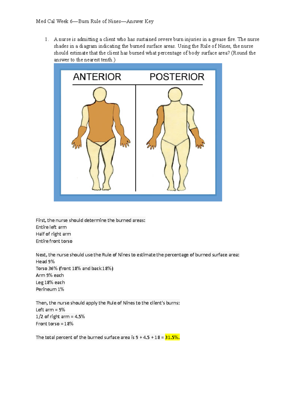 Med Cal Week 6 Burn Rule of Nines Detailed Answer Key - Studocu