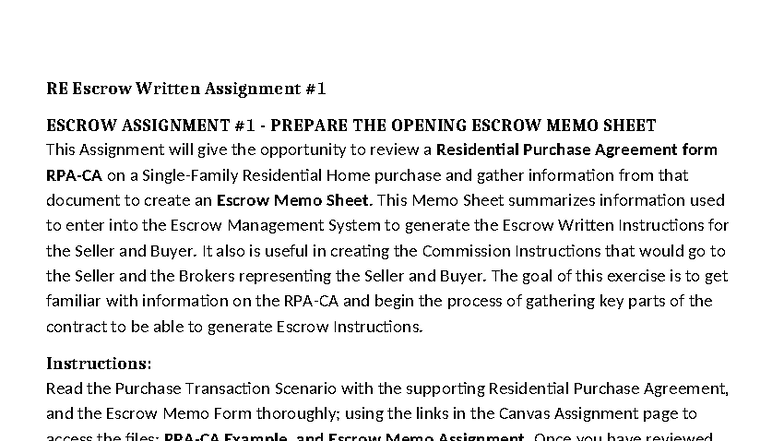 ESC 2021 Written Assignment: Creating an Escrow Memo Sheet - Studocu